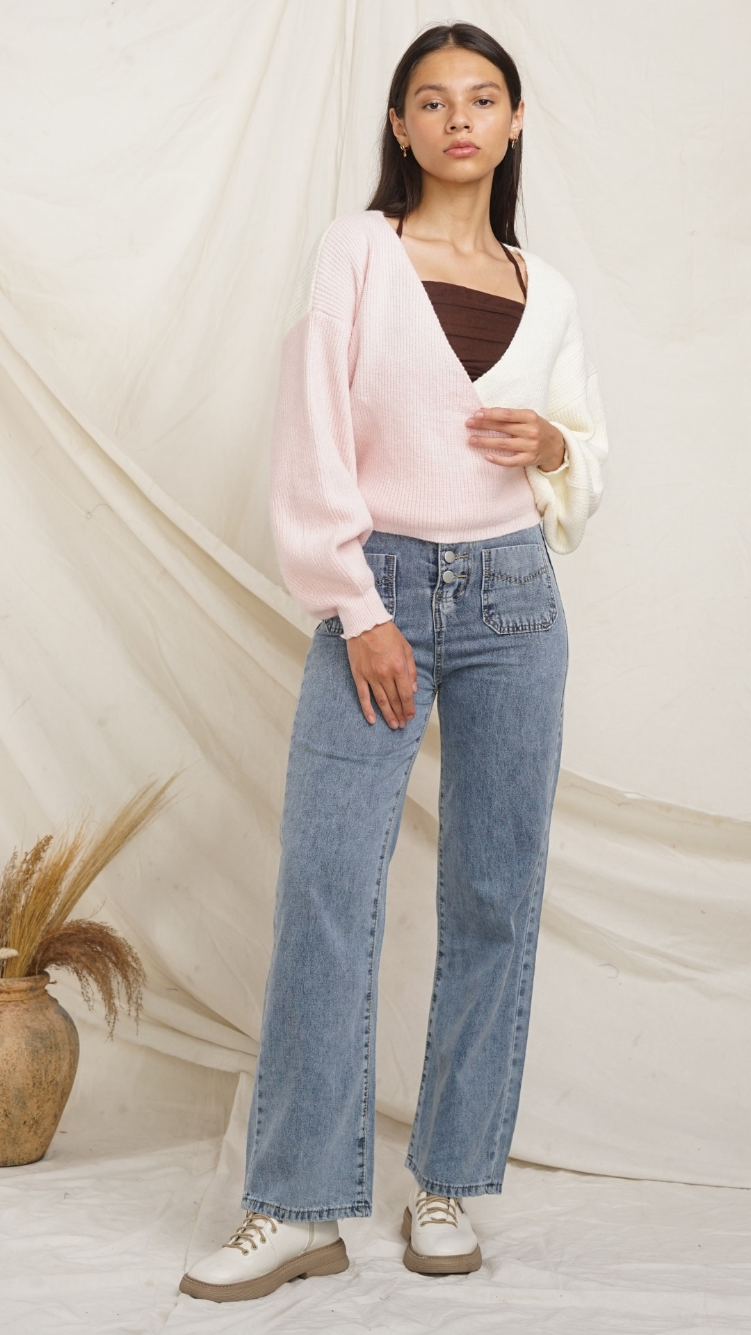 Overlap 2 Tones Knitted Top - Origin Fashion